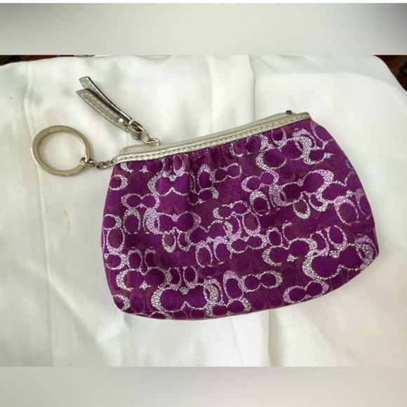 Coach | Bags | Coach Monogrammed Purple Coin Pouch With Silver Leather ...